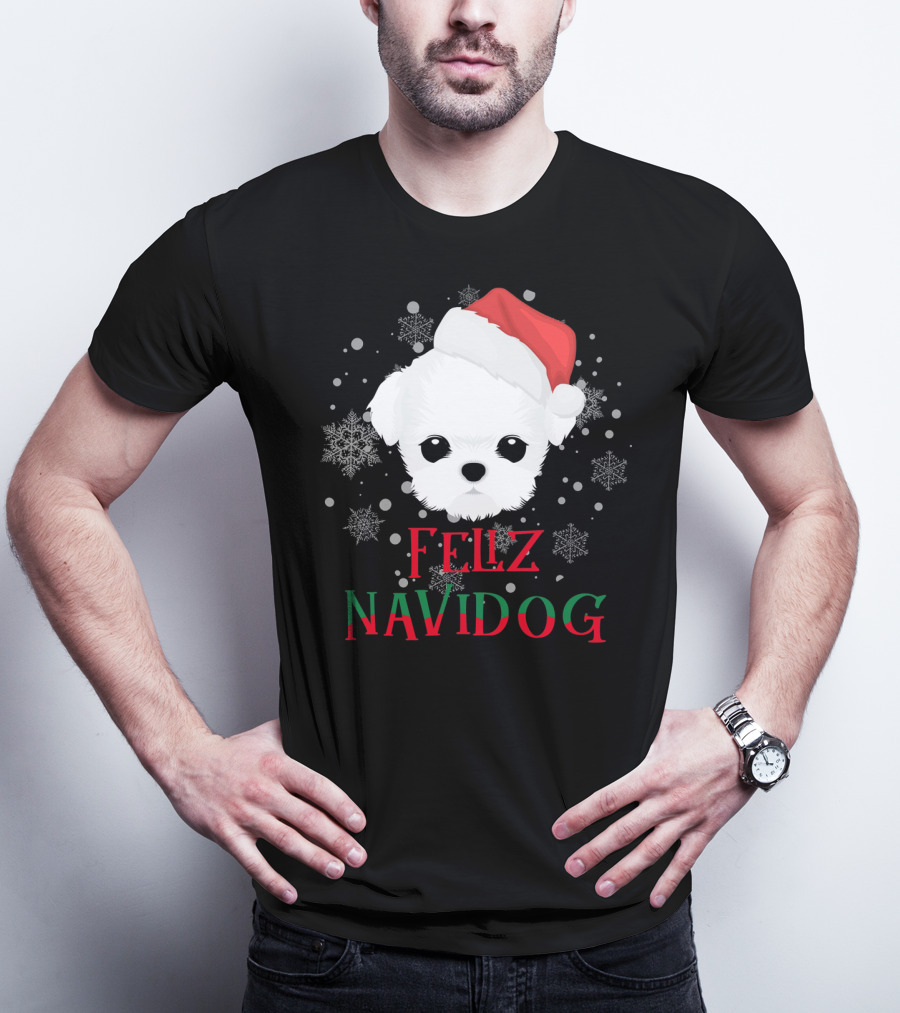 Feliz Navidog Maltese Dog Christmas Santa Hat Snowflakes T-Shirt