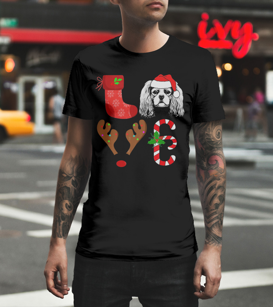 Love Cavalier King Charles Spaniel Santa Reindeer Candy Cane Stocking T-Shirt