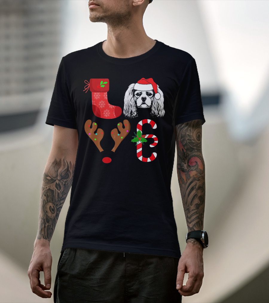Love Cavalier King Charles Spaniel Santa Reindeer Candy Cane Stocking T-Shirt