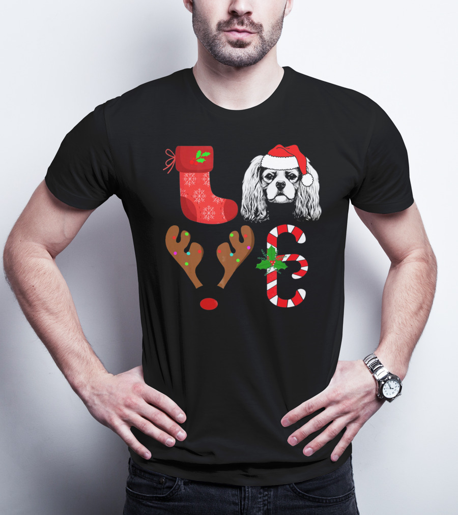 Love Cavalier King Charles Spaniel Santa Reindeer Candy Cane Stocking T-Shirt