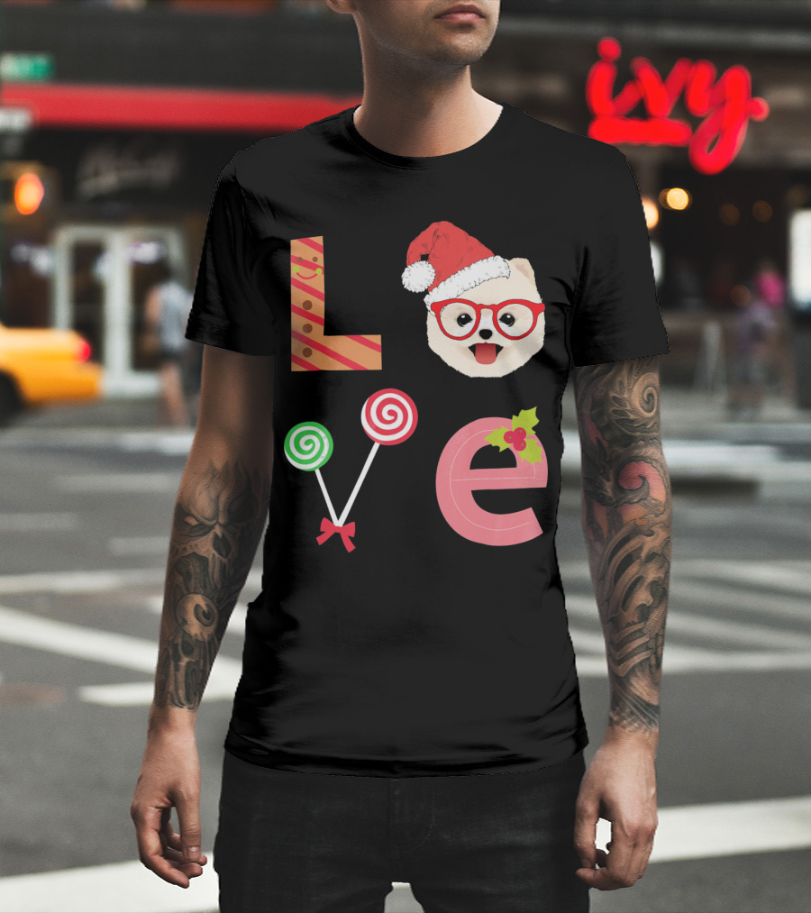 Love Pomeranian Santa Christmas Dog Candy Cane Glasses T-Shirt
