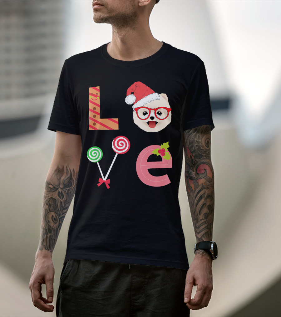 Love Pomeranian Santa Christmas Dog Candy Cane Glasses T-Shirt