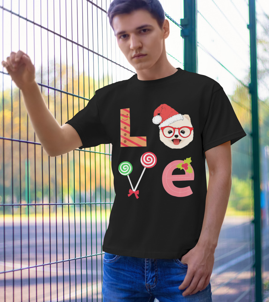 Love Pomeranian Santa Christmas Dog Candy Cane Glasses T-Shirt