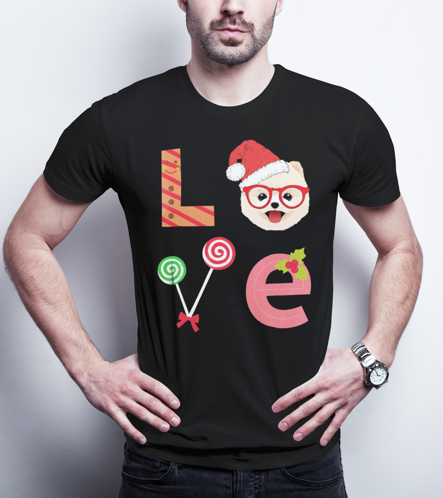 Love Pomeranian Santa Christmas Dog Candy Cane Glasses T-Shirt