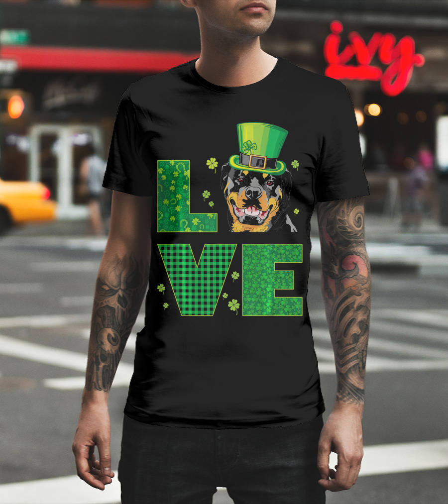 Love Rottweiler St. Patrick's Day Hat Green Shamrock Leaf T-Shirt