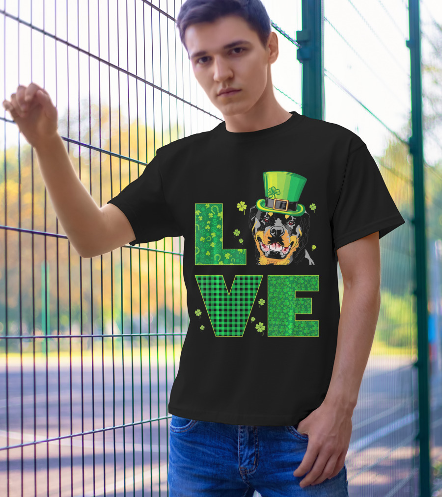Love Rottweiler St. Patrick's Day Hat Green Shamrock Leaf T-Shirt