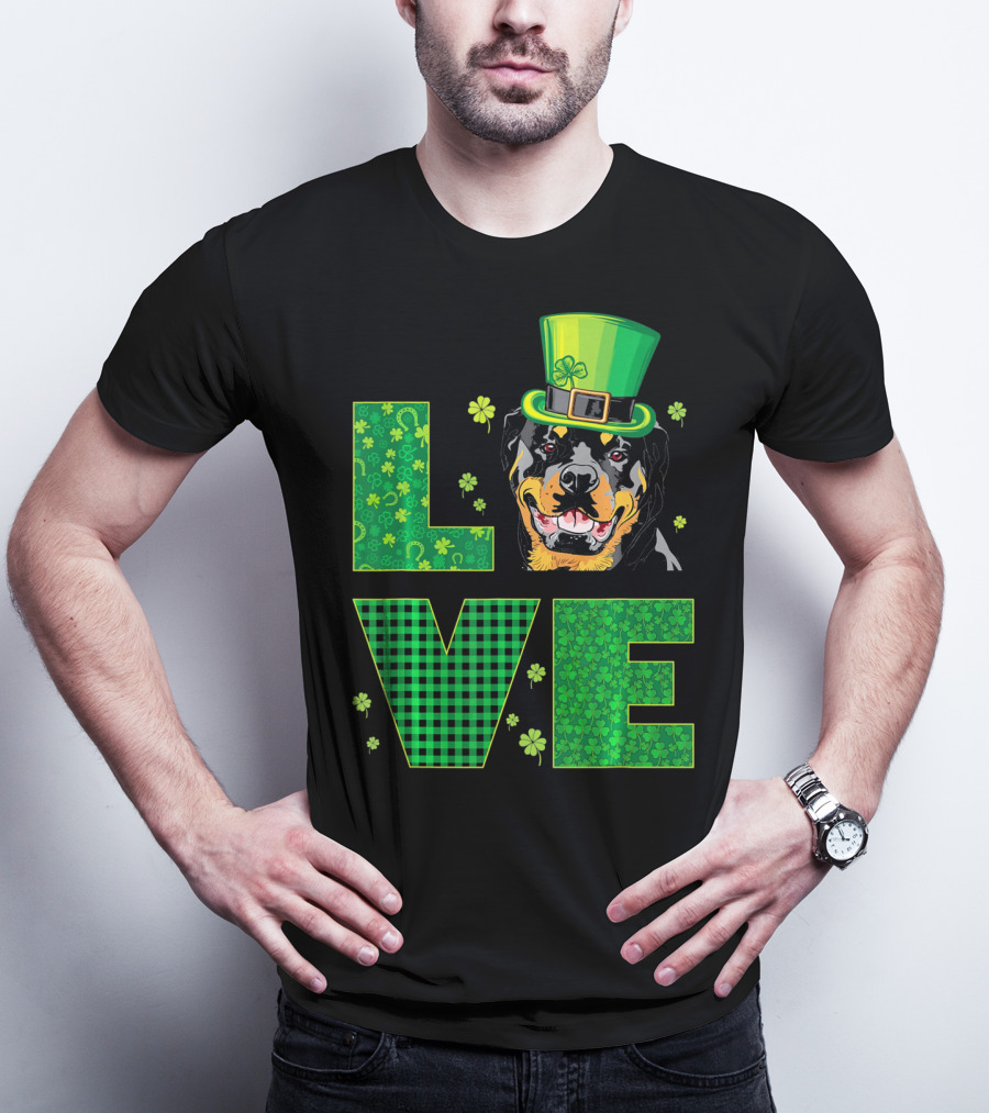 Love Rottweiler St. Patrick's Day Hat Green Shamrock Leaf T-Shirt