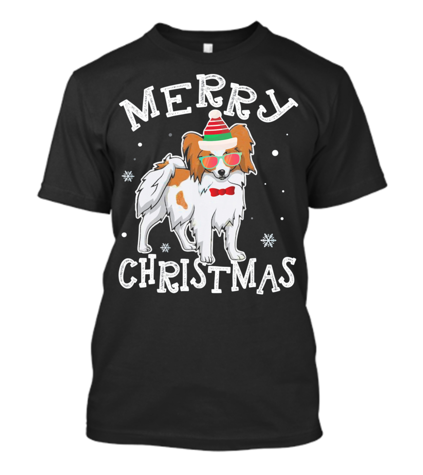 Merry Christmas Papillon Noel Hat Bowtie Snowflakes T-Shirt