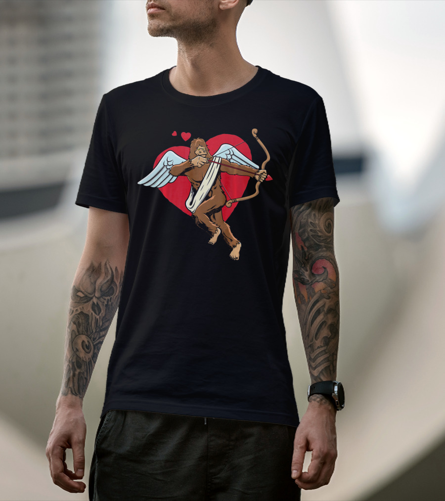 Bigfoot Cupid Eros Sasquatch Valentine With Wings And Bow T-Shirt