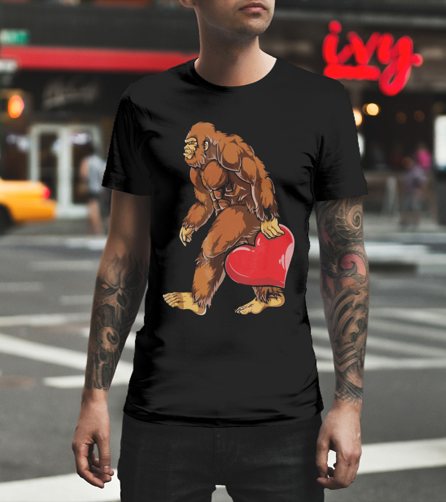 Bigfoot Holding A Red Heart For Funny Valentine's Day T-Shirt