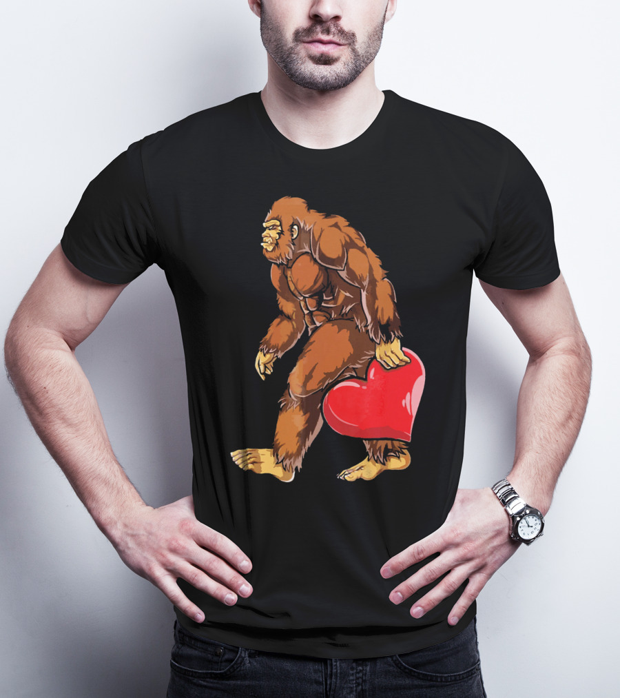 Bigfoot Holding A Red Heart For Funny Valentine's Day T-Shirt