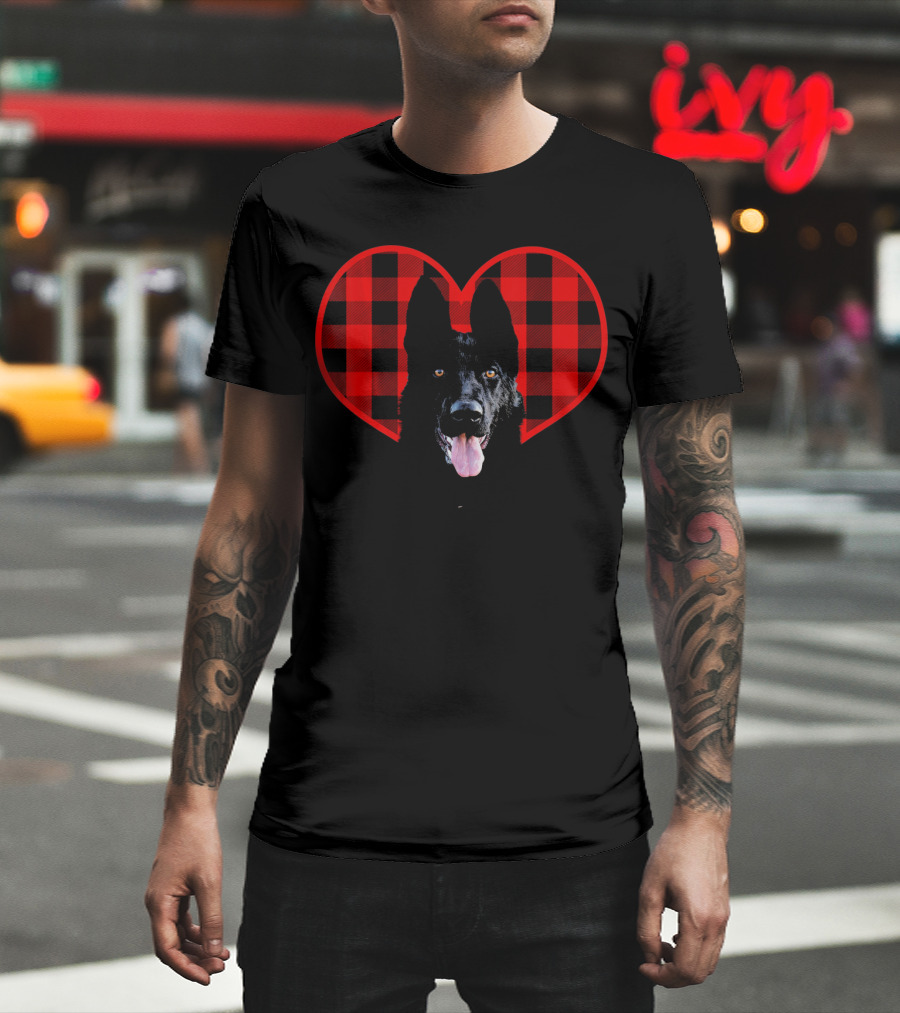 Black German Shepherd Plaid Heart Valentine T-Shirt