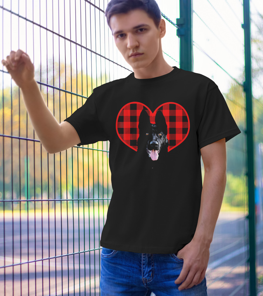 Black German Shepherd Plaid Heart Valentine T-Shirt
