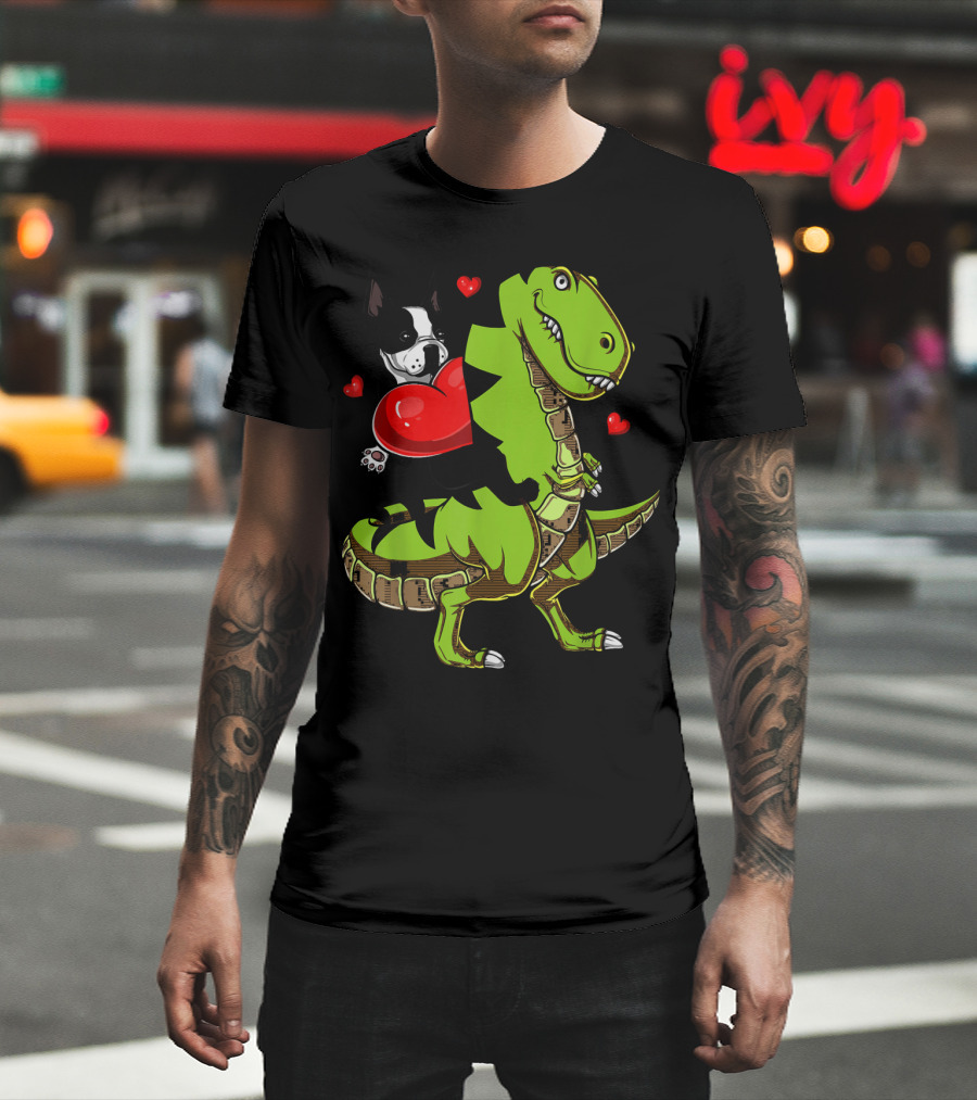 Boston Terrier With Red Hearts Riding A Green Rex Dinosaur T-Shirt