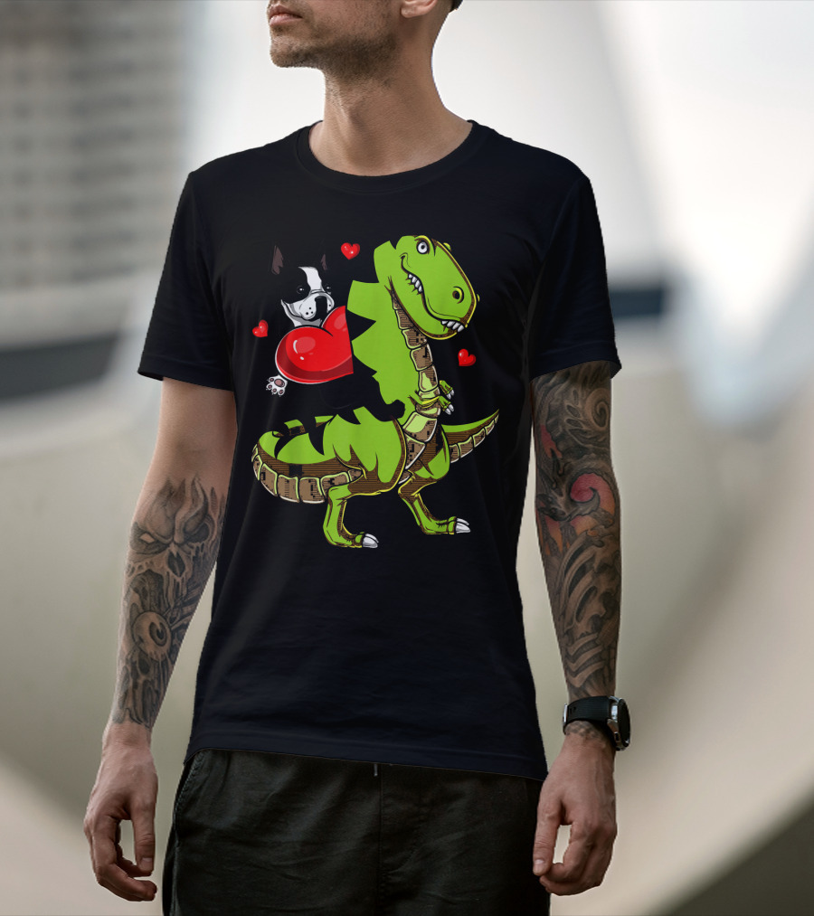 Boston Terrier With Red Hearts Riding A Green Rex Dinosaur T-Shirt