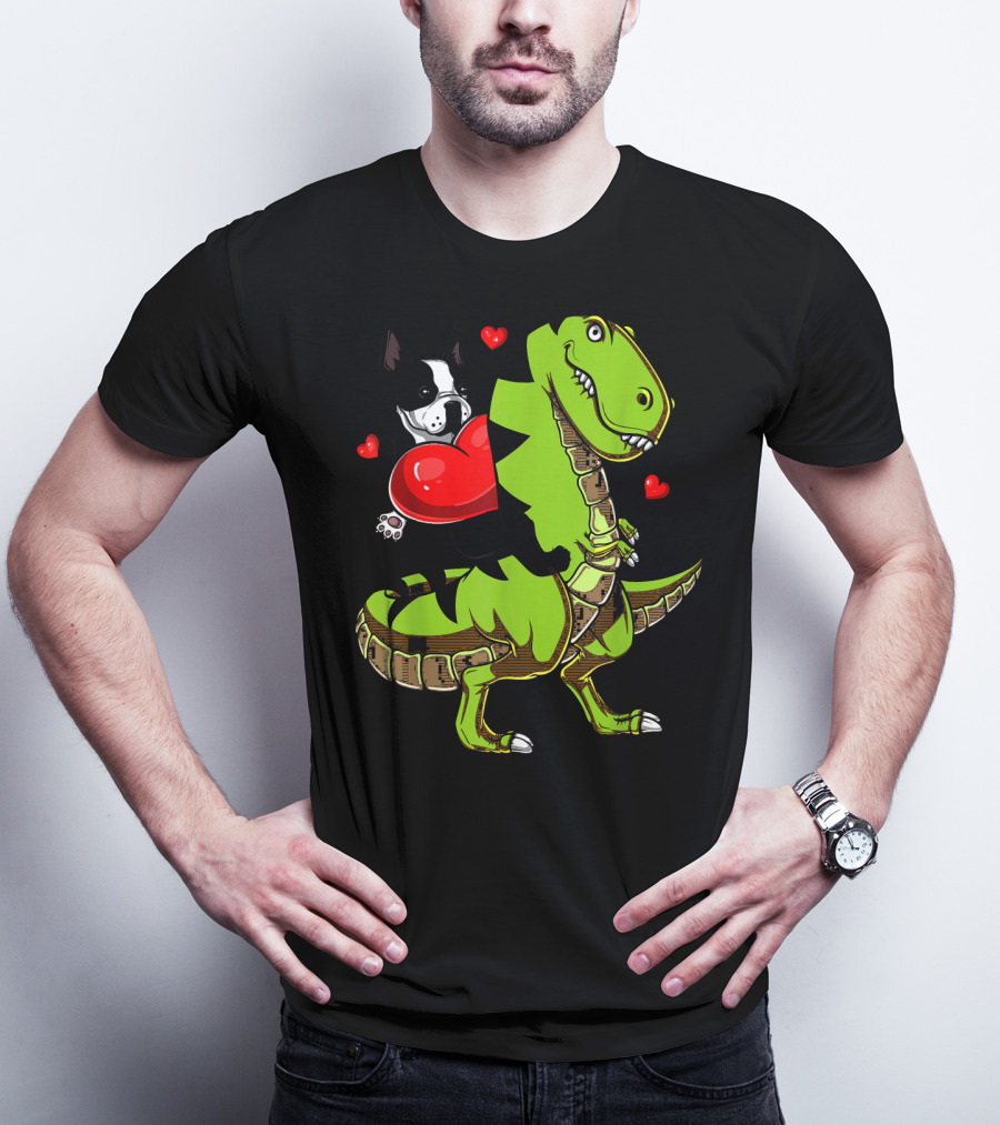 Boston Terrier With Red Hearts Riding A Green Rex Dinosaur T-Shirt