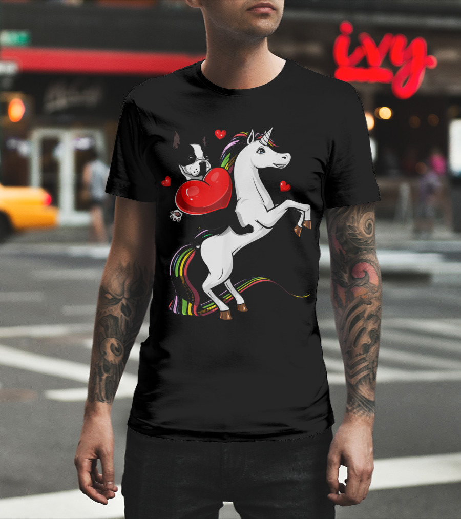 Boston Terrier Dog Holding Heart Riding Colorful Unicorn With Hearts T-Shirt