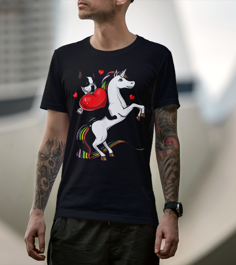 Boston Terrier Dog Holding Heart Riding Colorful Unicorn With Hearts T-Shirt