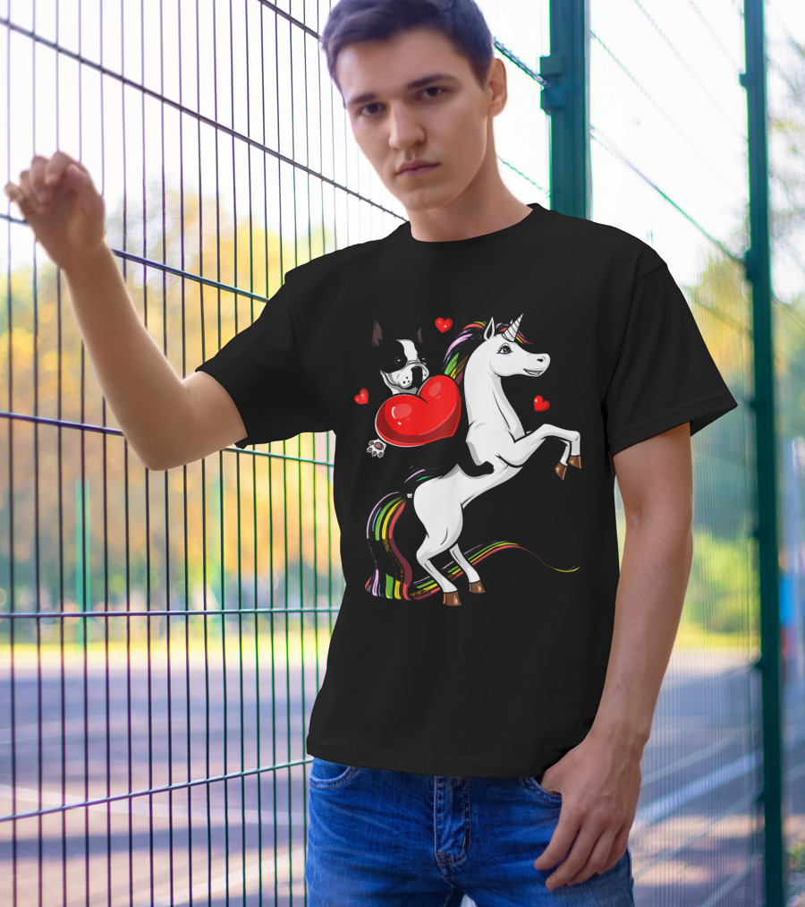 Boston Terrier Dog Holding Heart Riding Colorful Unicorn With Hearts T-Shirt
