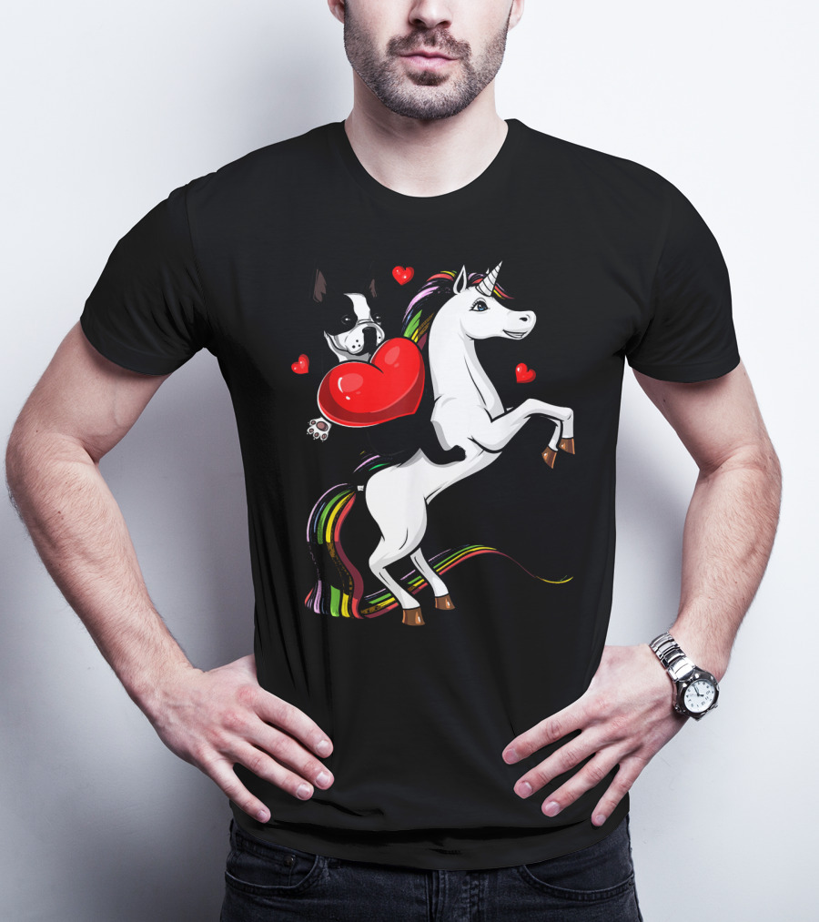 Boston Terrier Dog Holding Heart Riding Colorful Unicorn With Hearts T-Shirt