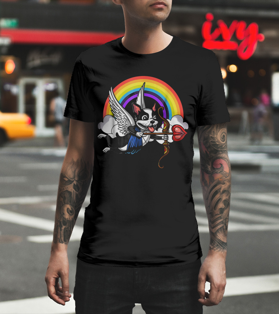 Boston Terrier Cupid Rainbow Valentine's Day T-Shirt