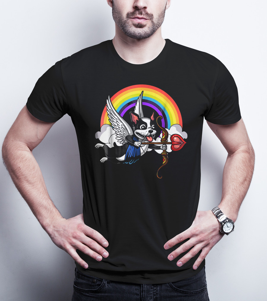 Boston Terrier Cupid Rainbow Valentine's Day T-Shirt