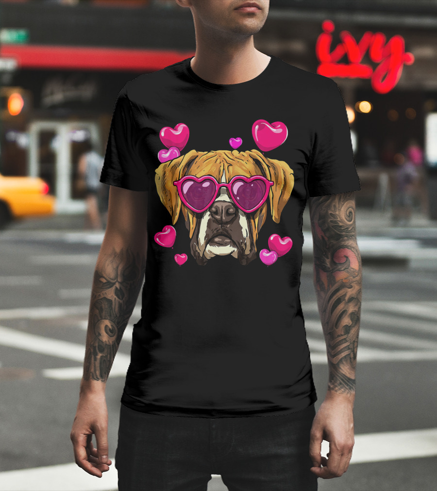 Boxer Dog With Heart Glasses Surrounded By Pink Valentine Hearts T-Shirt