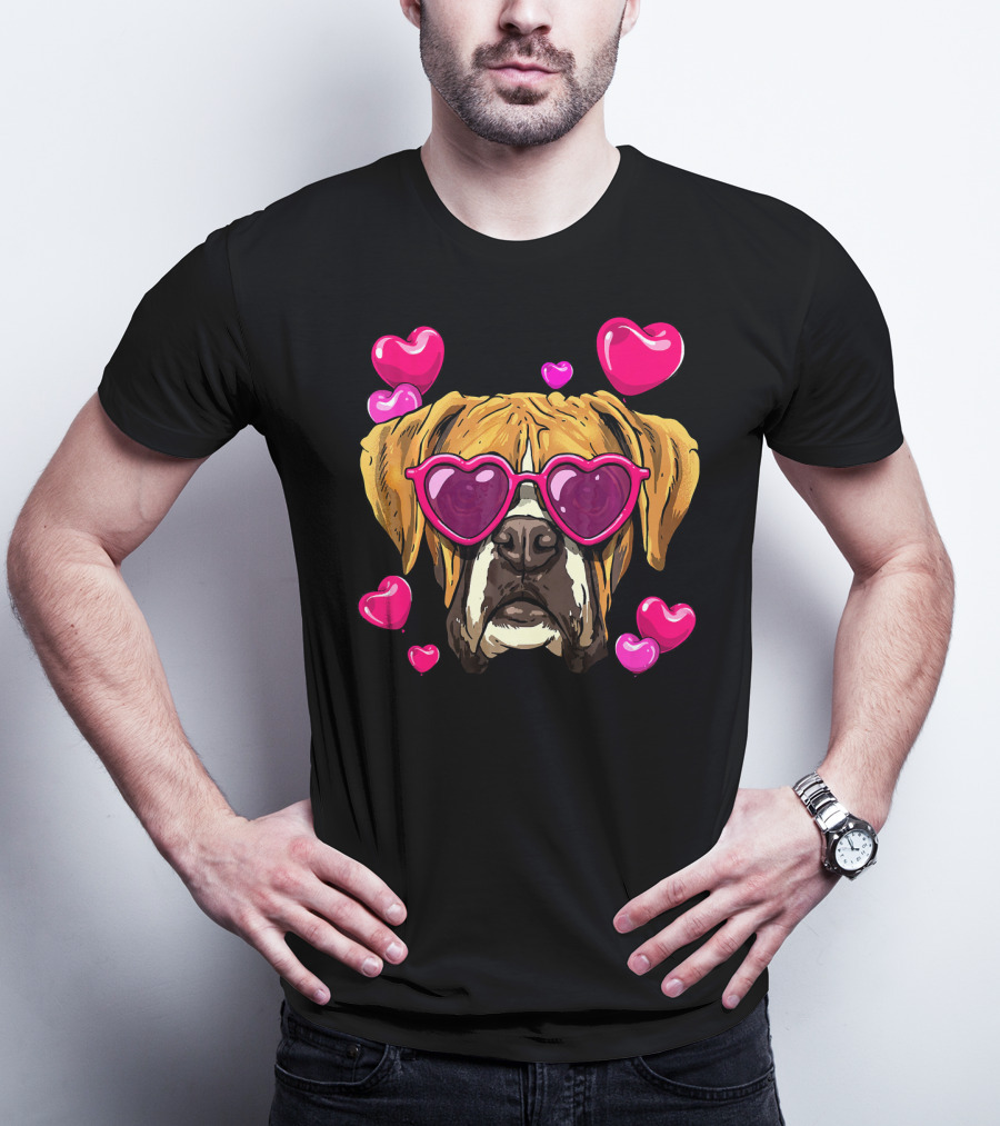 Boxer Dog With Heart Glasses Surrounded By Pink Valentine Hearts T-Shirt