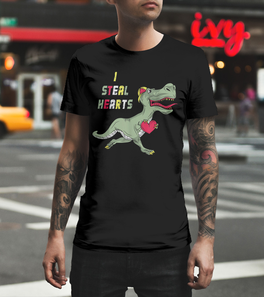I Steal Hearts Dinosaur Holding Red Heart T-Shirt