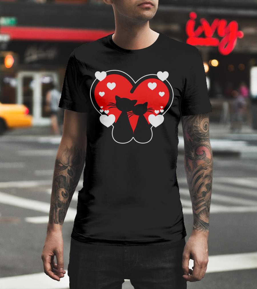 Cat Love Heart Valentines With Silhouette Cats And Hearts T-Shirt