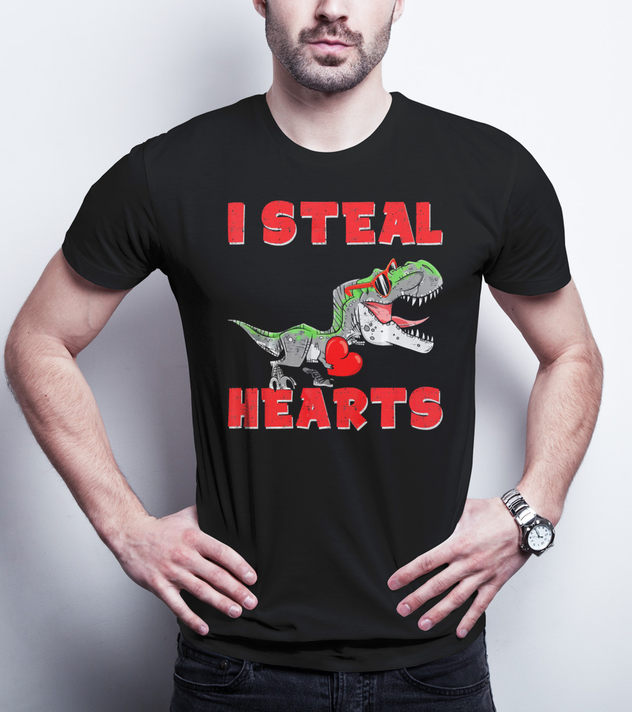 I Steal Hearts Boys Valentines Day Kids Dinosaur Trex T-Shirt