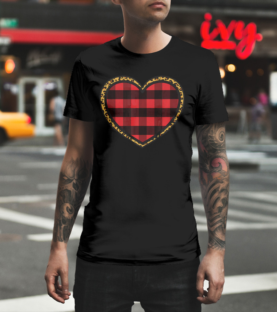 Buffalo Plaid And Leopard Print Heart T-Shirt