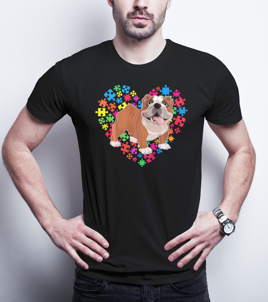 Bulldog Valentine Heart With Colorful Puzzle Pieces Background T-Shirt