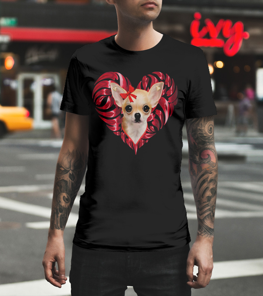 Chihuahua Dog Valentine Heart With Bow And Swirls T-Shirt