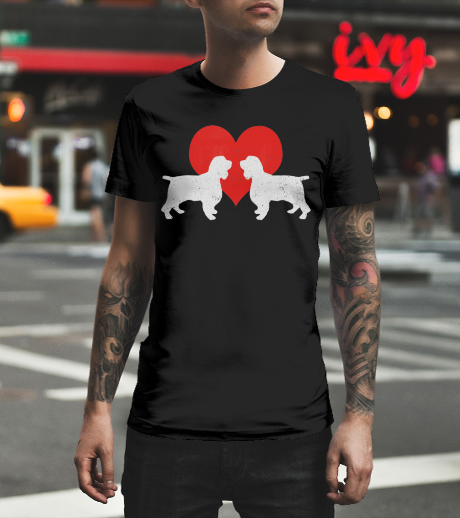 Couple English Springer Spaniel Dogs With Red Heart T-Shirt