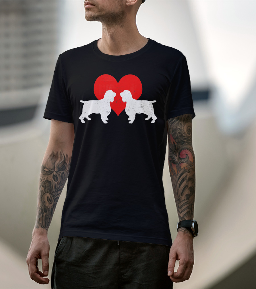 Couple English Springer Spaniel Dogs With Red Heart T-Shirt