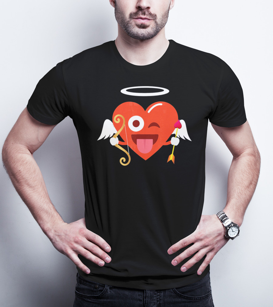 Cupid Heart Emoji Halo Wink Tongue Out Bow Arrow T-Shirt