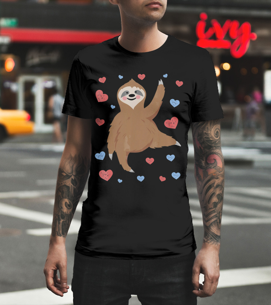 Cute Cuddly Sloth Surrounded By Red And Blue Hearts Valentine's Day T-Shirt