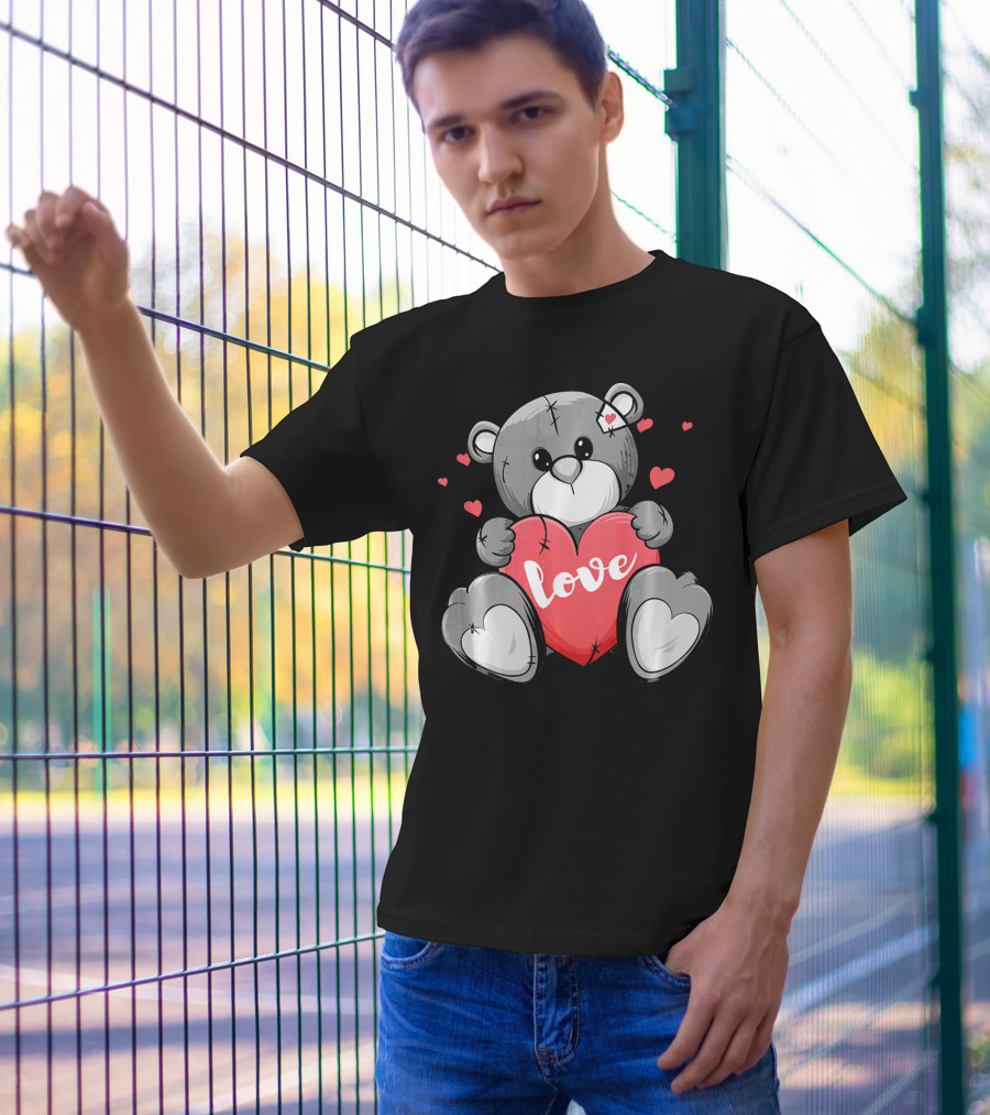 Valentine's Day Cute Bear With Heart And Love Text T-Shirt