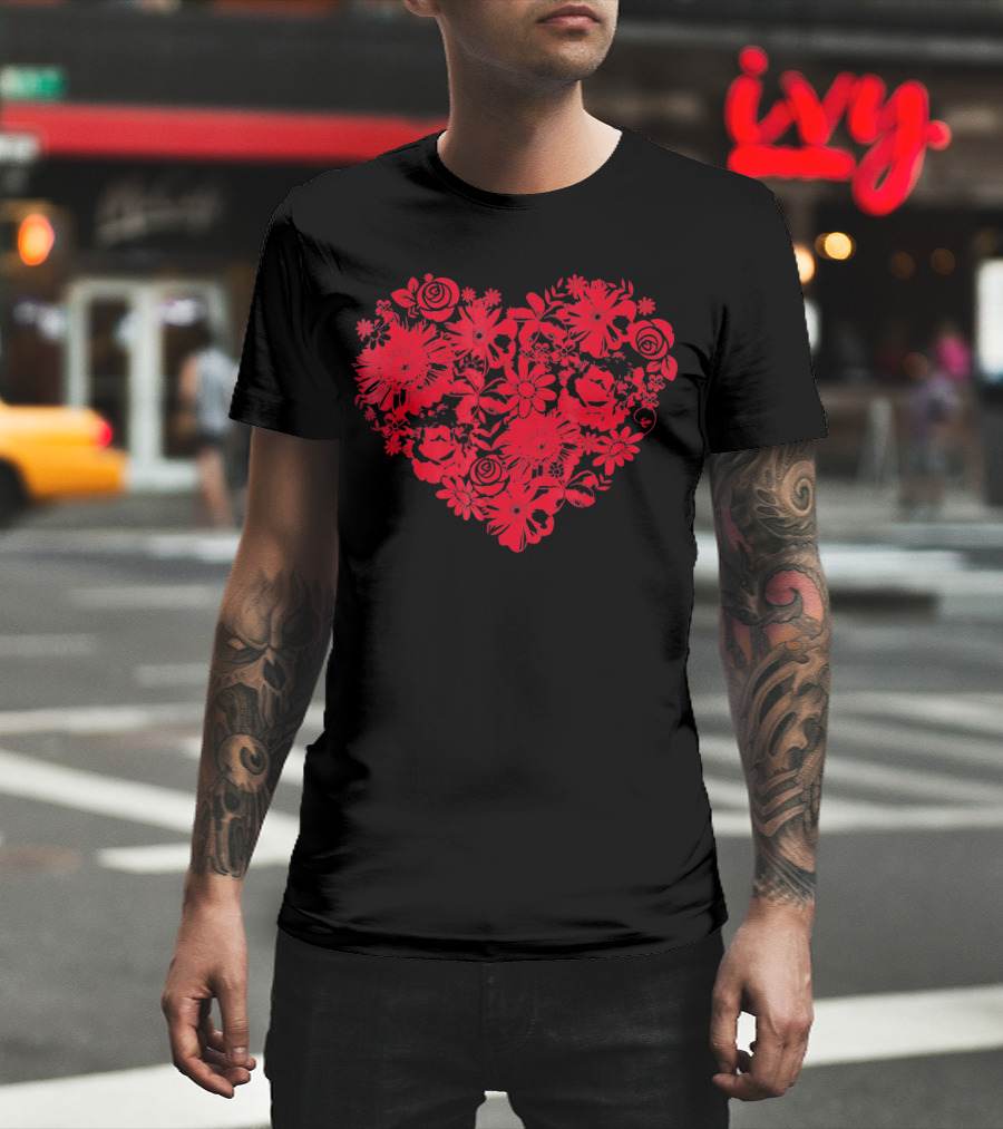 Cute Red Heart Floral Valentines Flower T-Shirt