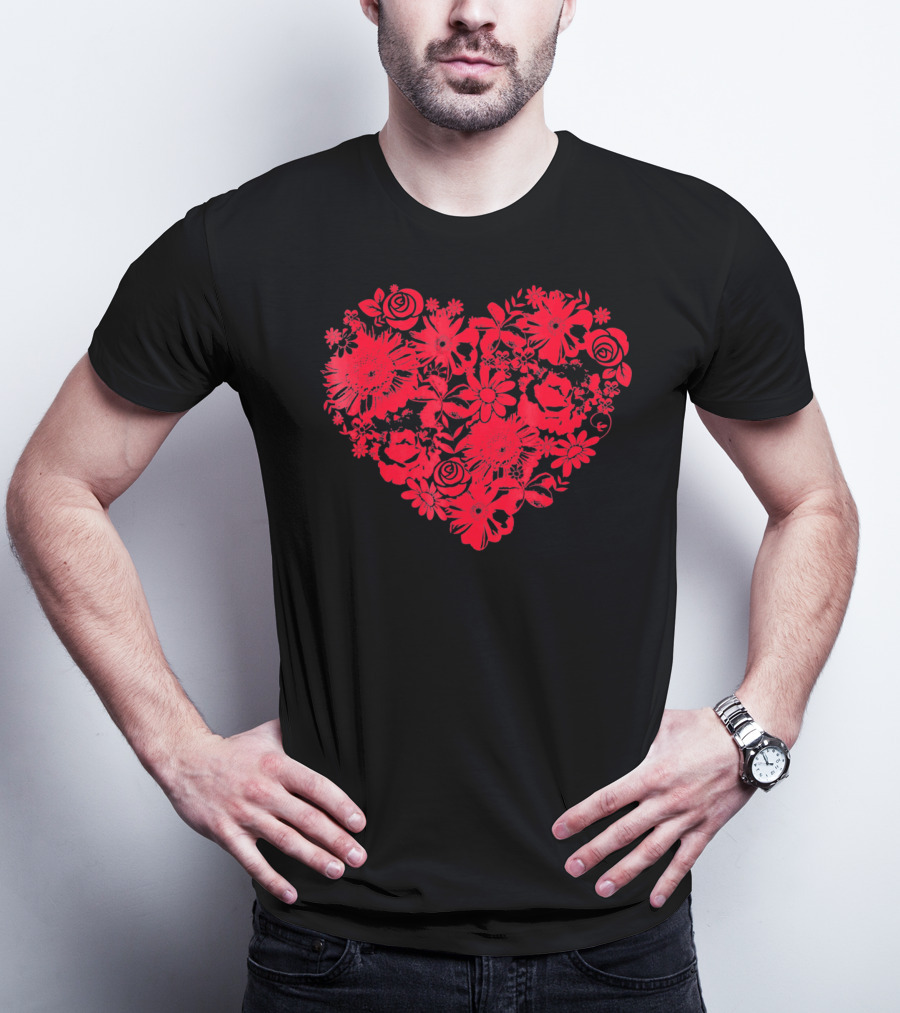 Cute Red Heart Floral Valentines Flower T-Shirt