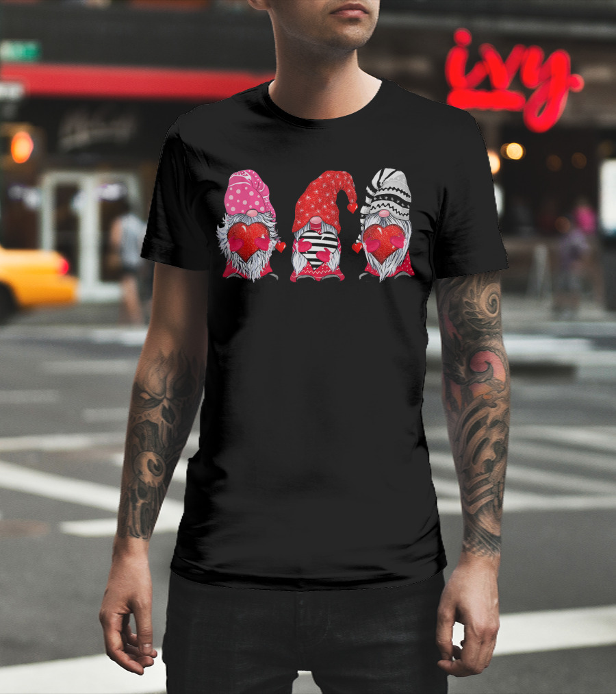 Cute Gnomes Valentine's Couple Heart Match Striped Red Hat Polka Dot T-Shirt