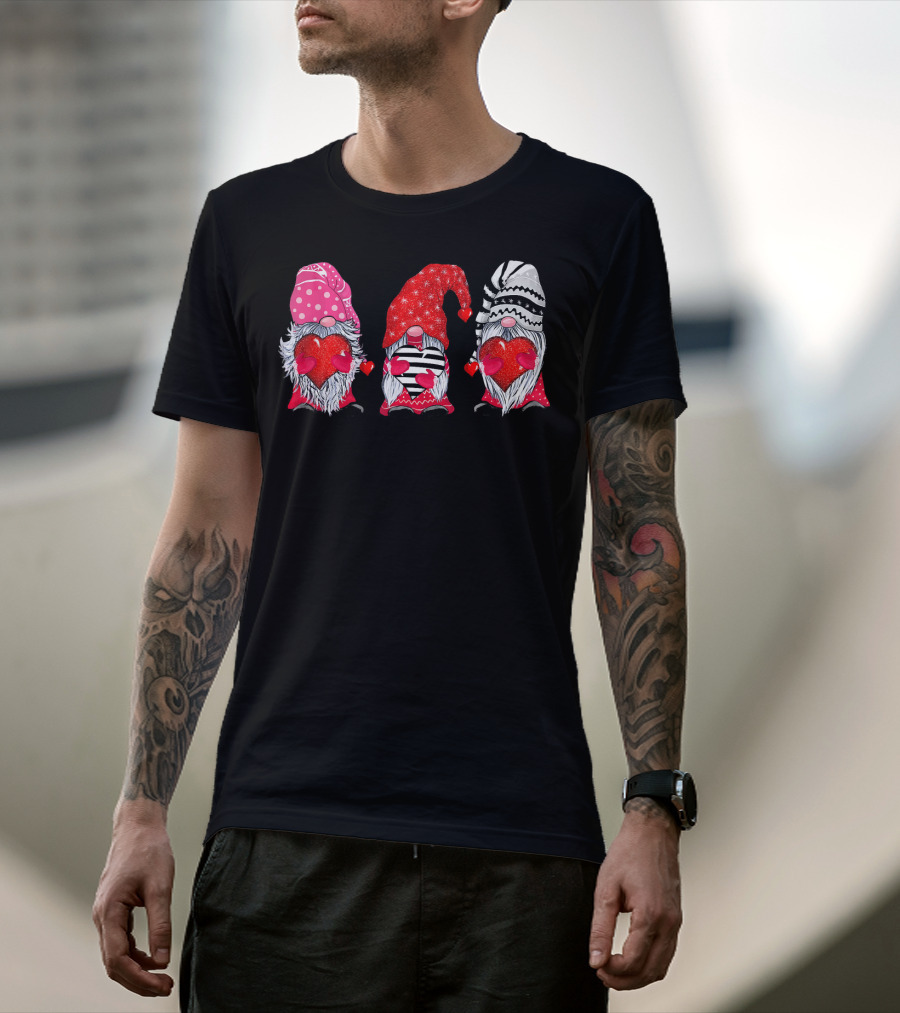 Cute Gnomes Valentine's Couple Heart Match Striped Red Hat Polka Dot T-Shirt