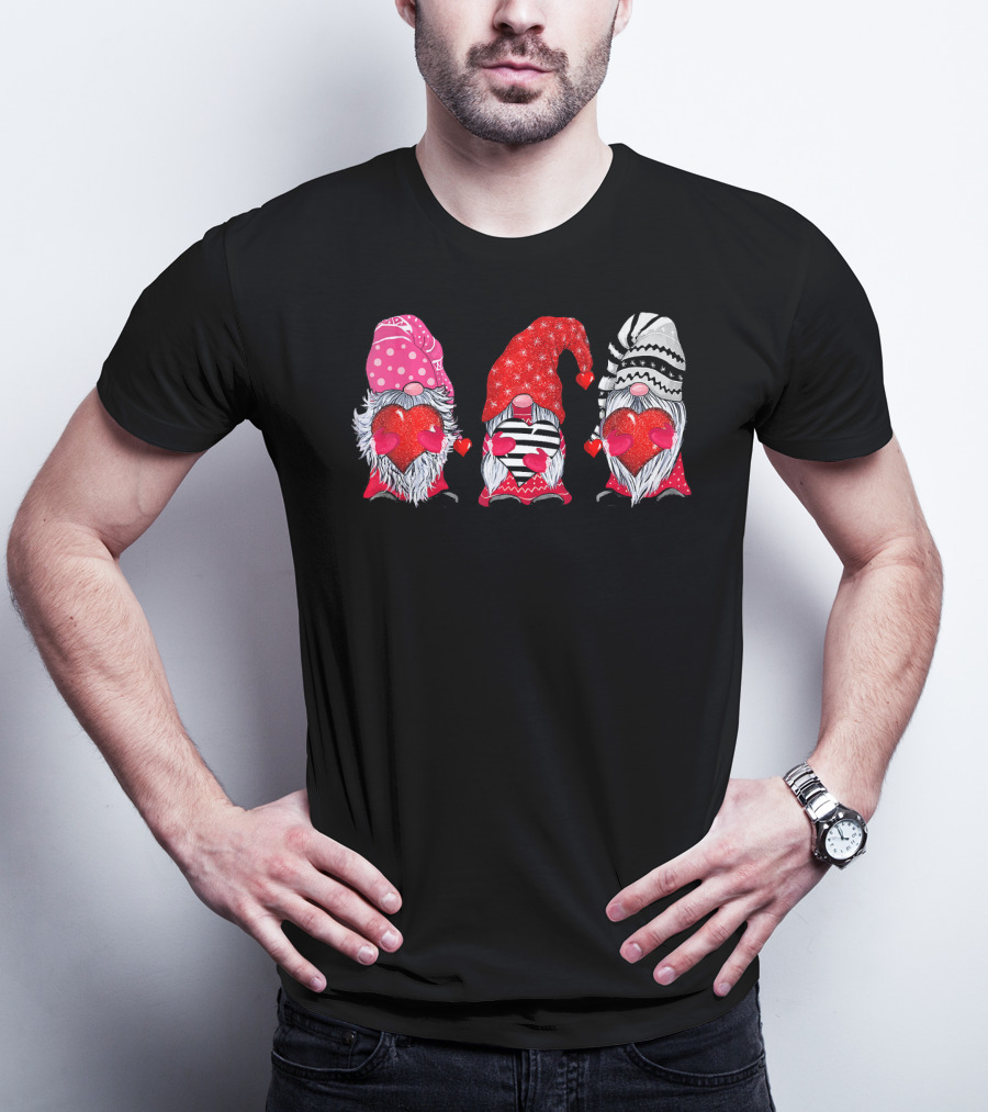 Cute Gnomes Valentine's Couple Heart Match Striped Red Hat Polka Dot T-Shirt