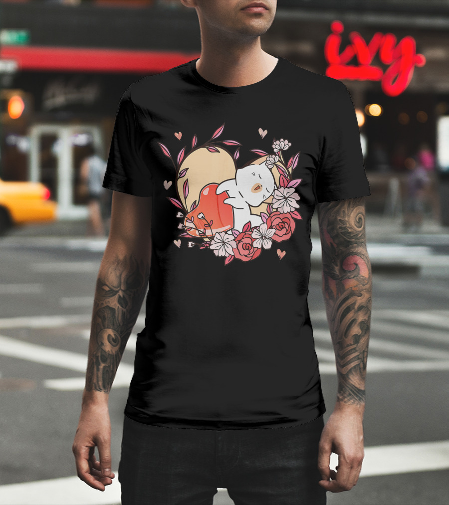Cute Kawaii Cat Hugging Heart Surrounded By Valentines Day Flowers T-Shirt
