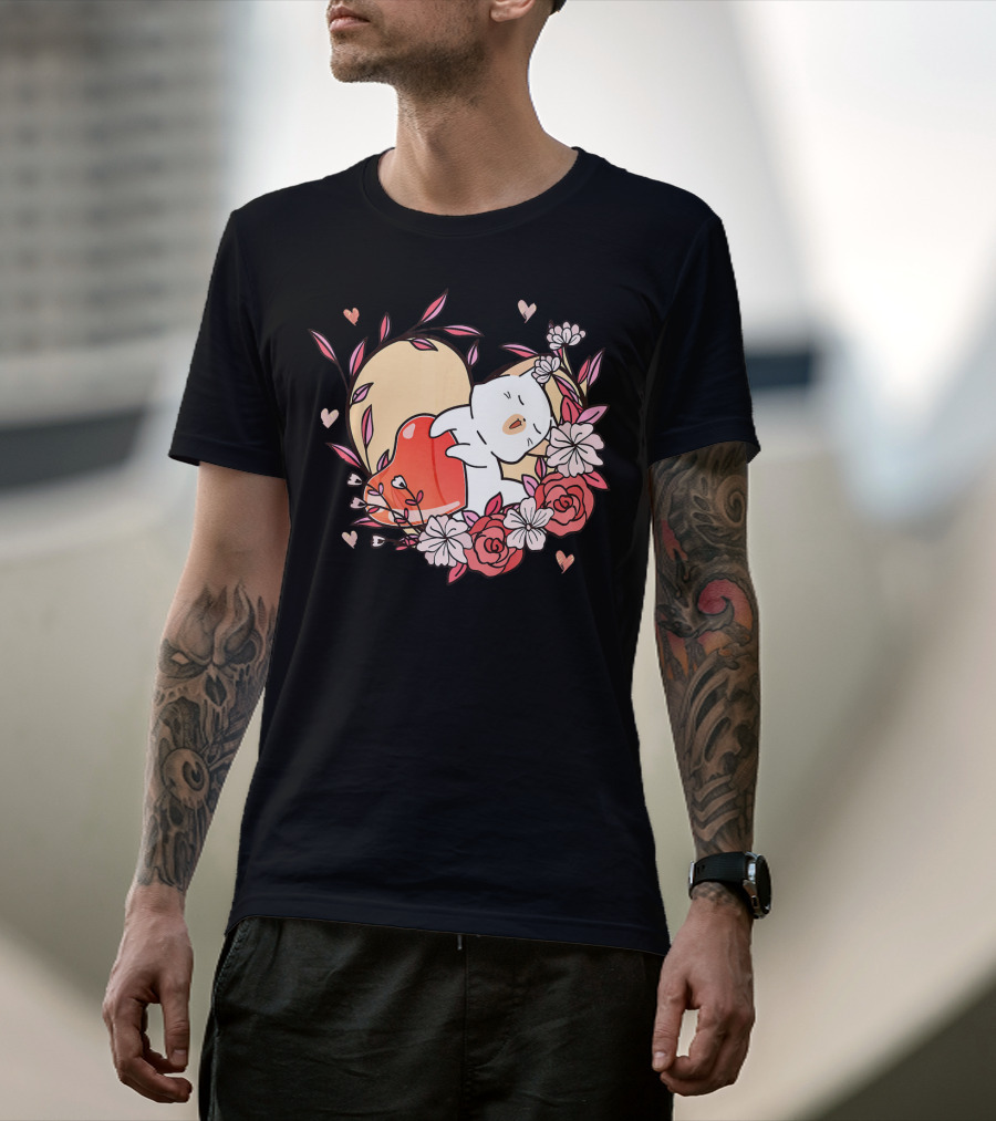 Cute Kawaii Cat Hugging Heart Surrounded By Valentines Day Flowers T-Shirt