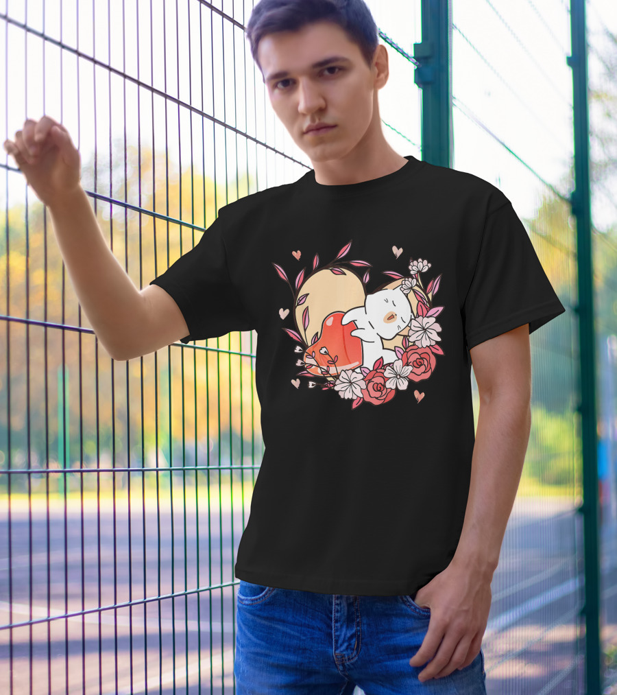 Cute Kawaii Cat Hugging Heart Surrounded By Valentines Day Flowers T-Shirt