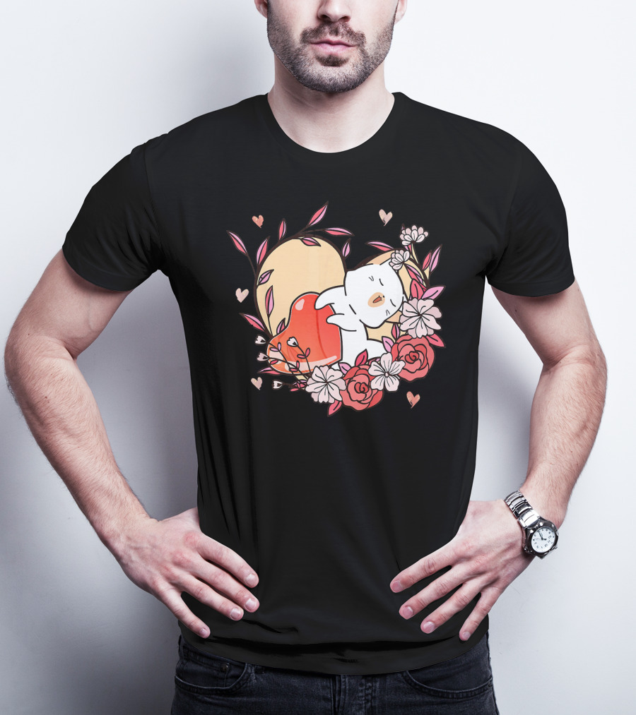 Cute Kawaii Cat Hugging Heart Surrounded By Valentines Day Flowers T-Shirt