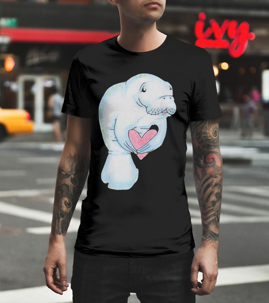 Manatee Holding Heart Valentines Day T-Shirt