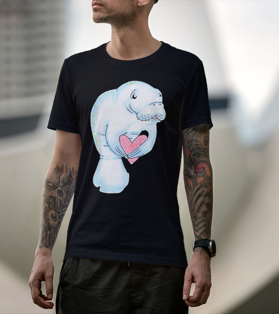 Manatee Holding Heart Valentines Day T-Shirt